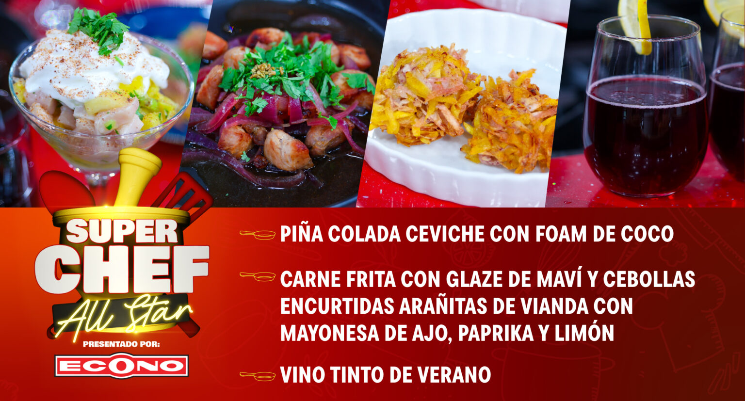 Piña Colada Ceviche con foam de coco, Carne frita con glaze de maví y ...